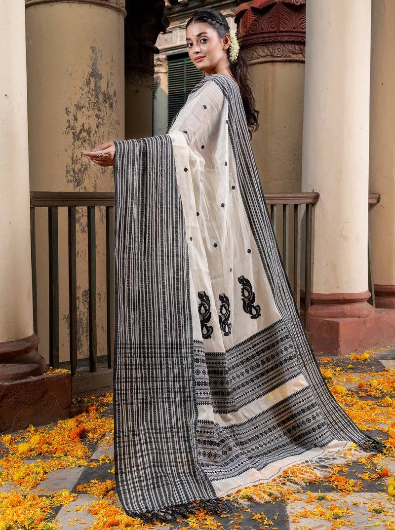 White Tasar Silk Black Mahapar Jacquard Saree - Angoshobha - 4237918