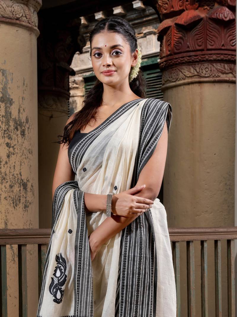 White Tasar Silk Black Mahapar Jacquard Saree - Angoshobha - 4237918