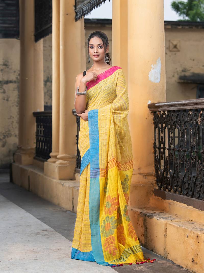 Zinc Yellow Cotton Ghicha Ganga Yamuna Border Jamdani Saree ...