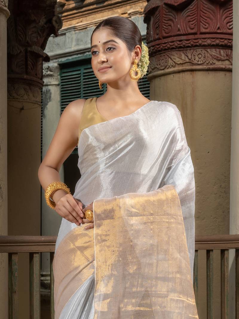 Silver & Golden Handloom Tissue Saree - Angoshobha - 4237977