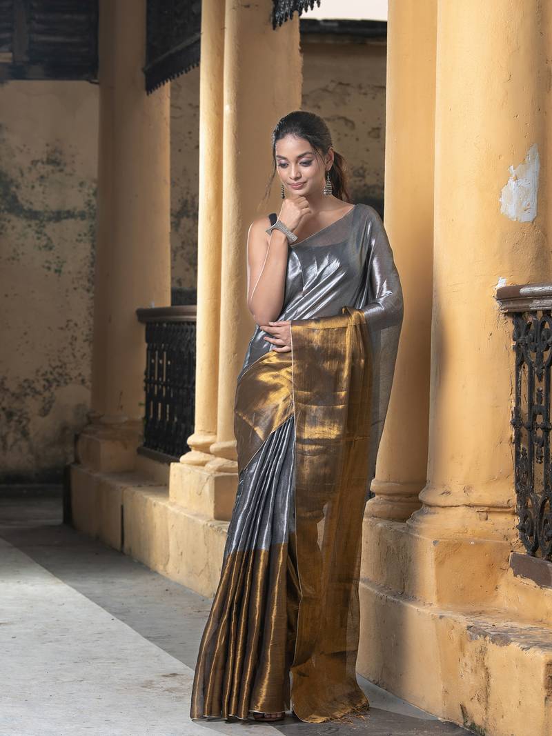Silver Grey & Gold Handloom Tissue Saree - Angoshobha - 4237978