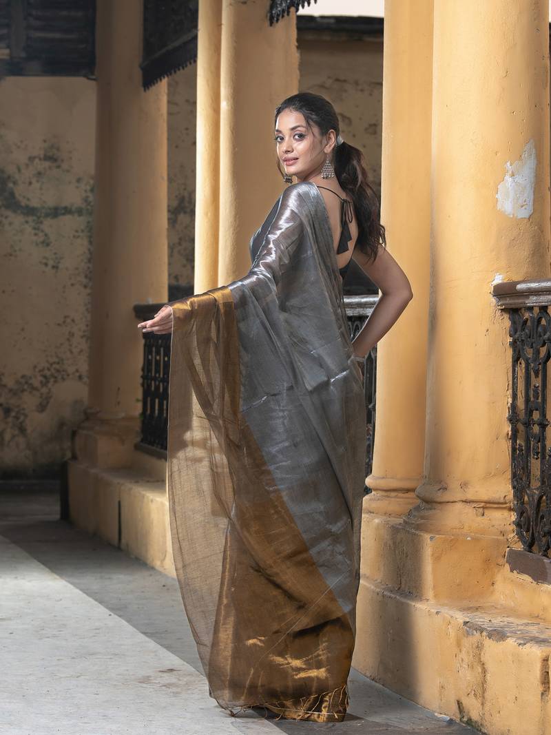Silver Grey & Gold Handloom Tissue Saree - Angoshobha - 4237978