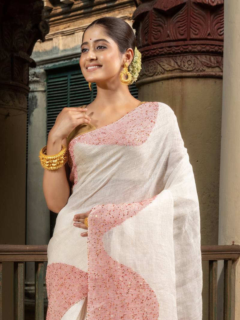 White Linen Red Sequence Design Handloom Saree - Angoshobha - 4237989