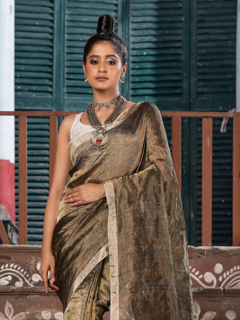Gold Linen All Body Check Handloom Saree - Angoshobha - 4238441