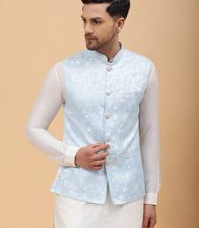 Men Turquoise Blue & Gold Woven Design Jacquard Neharu jacket - SEE ...