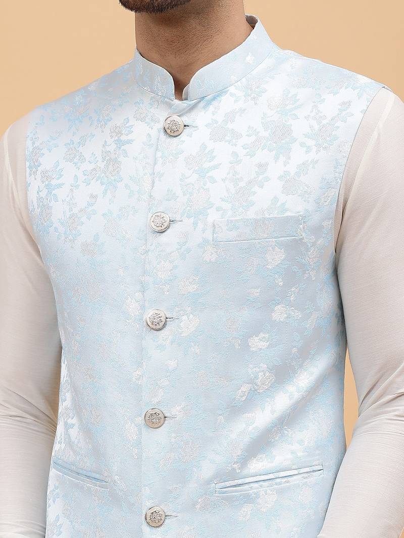 Men Turquoise Blue & Gold Woven Design Jacquard Neharu jacket - SEE ...
