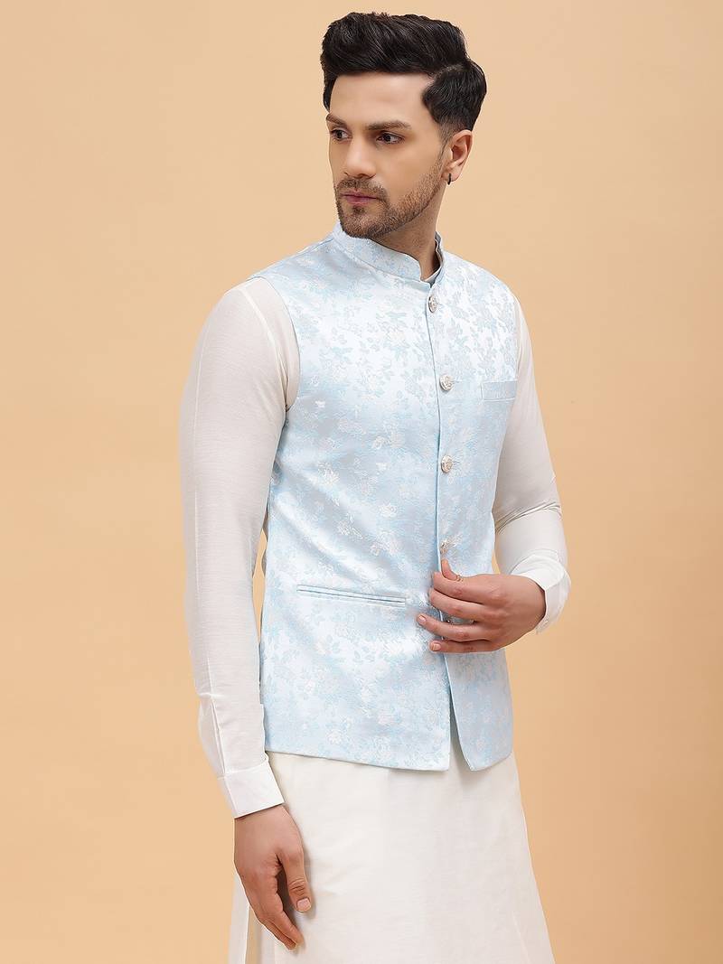 Men Turquoise Blue & Gold Woven Design Jacquard Neharu jacket - SEE ...