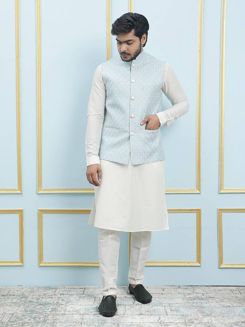 Men Turquoise And Gold Embordery Woven Design Nehru Jacket - SEE ...