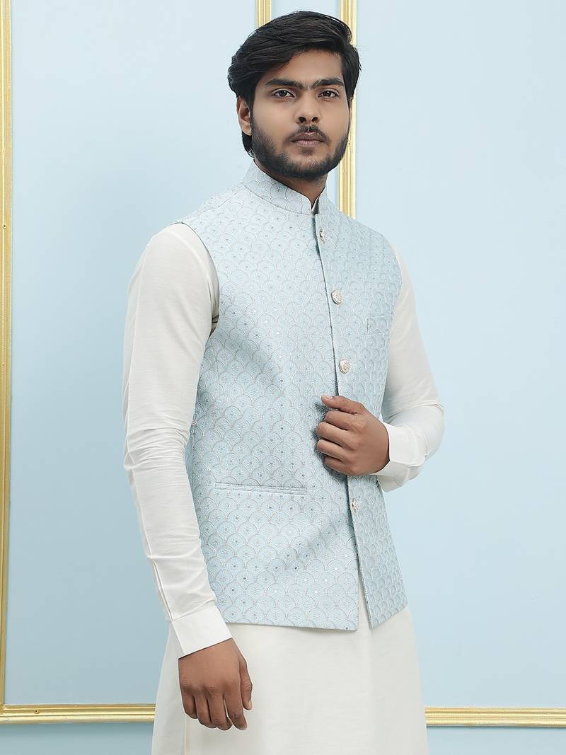 Men Turquoise And Gold Embordery Woven Design Nehru Jacket - SEE ...