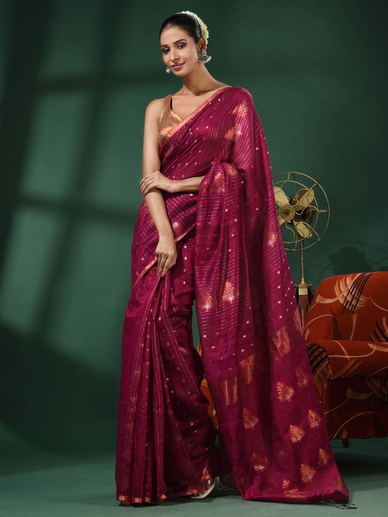 Magenta Matka Handwoven Saree With Texture Motifs - Charukriti - 4239932