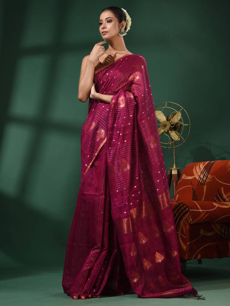 Magenta Matka Handwoven Saree With Texture Motifs - Charukriti - 4239932