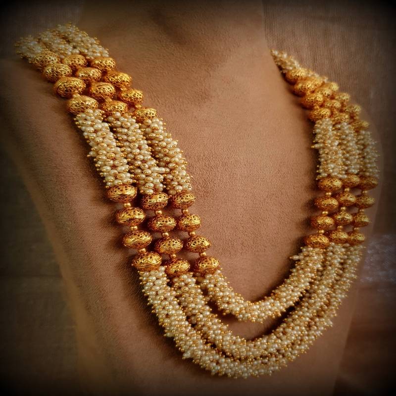Three layered Pearl Bunch Mala - Shaalin Jewellery - 4245611