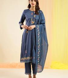 Blue Chinon Embroidered Straight Kurta with Trouser & Dupatta ...