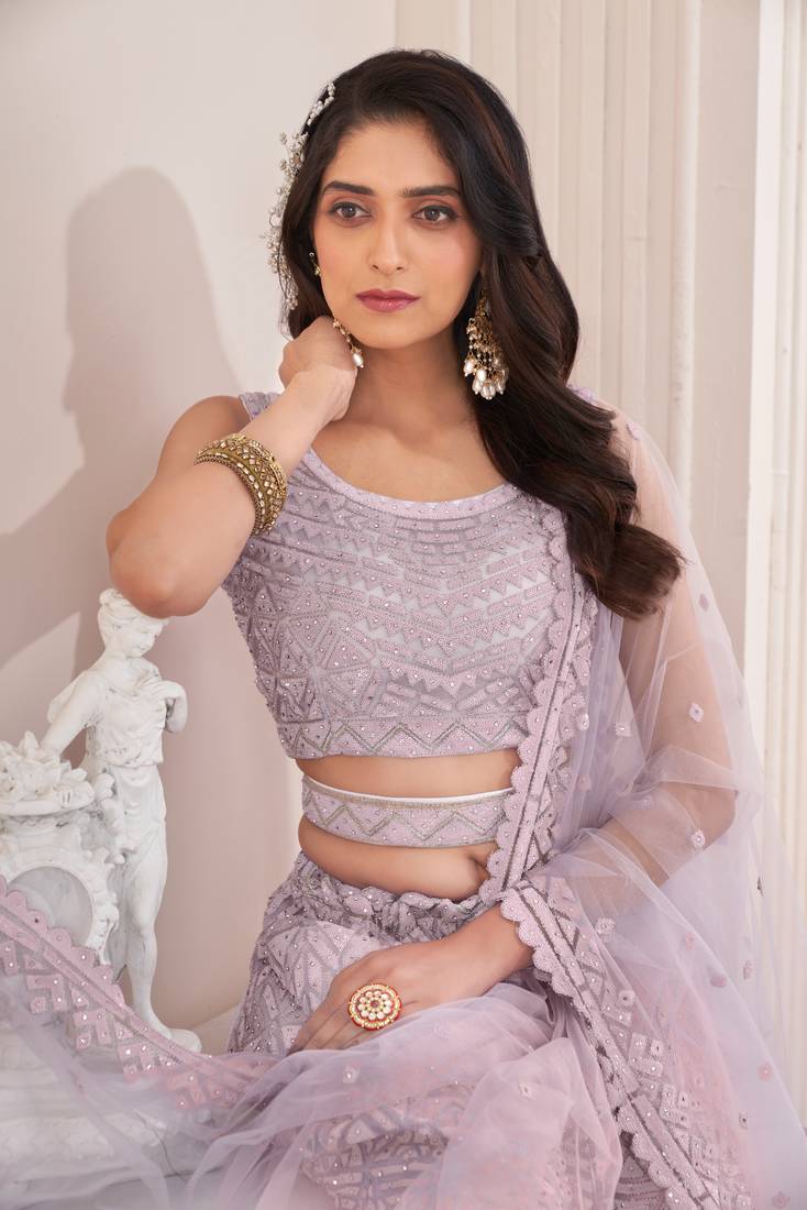 ENCHANTING GREY COLOR THREAD & SEQUINS EMBROIDERED SEMI STITCHED ...