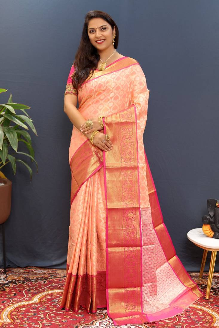 PEACH Faux KANCHIPURAM PRETTY SILK SAREE - Mr & Mrs Creation - 4249560