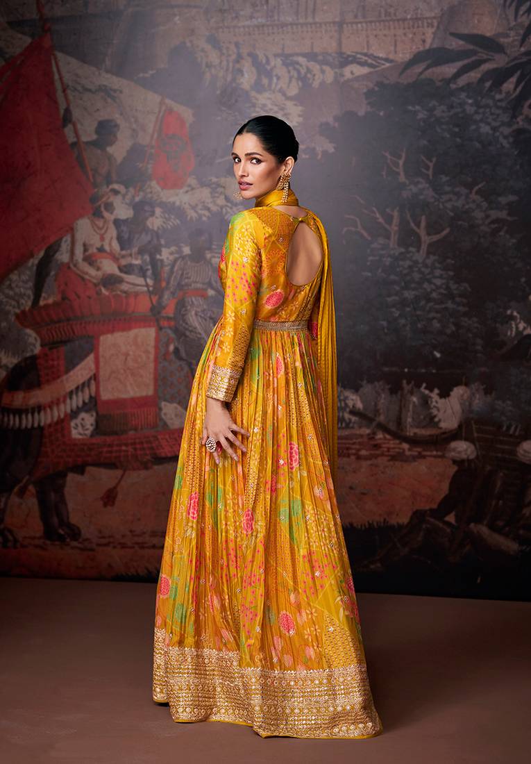 Mustard color georgette embroidered stitched designer suit - Monjolika ...