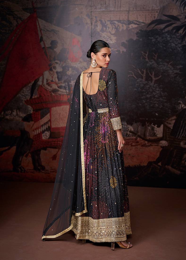 Black color georgette embroidered stitched designer suit - Monjolika ...