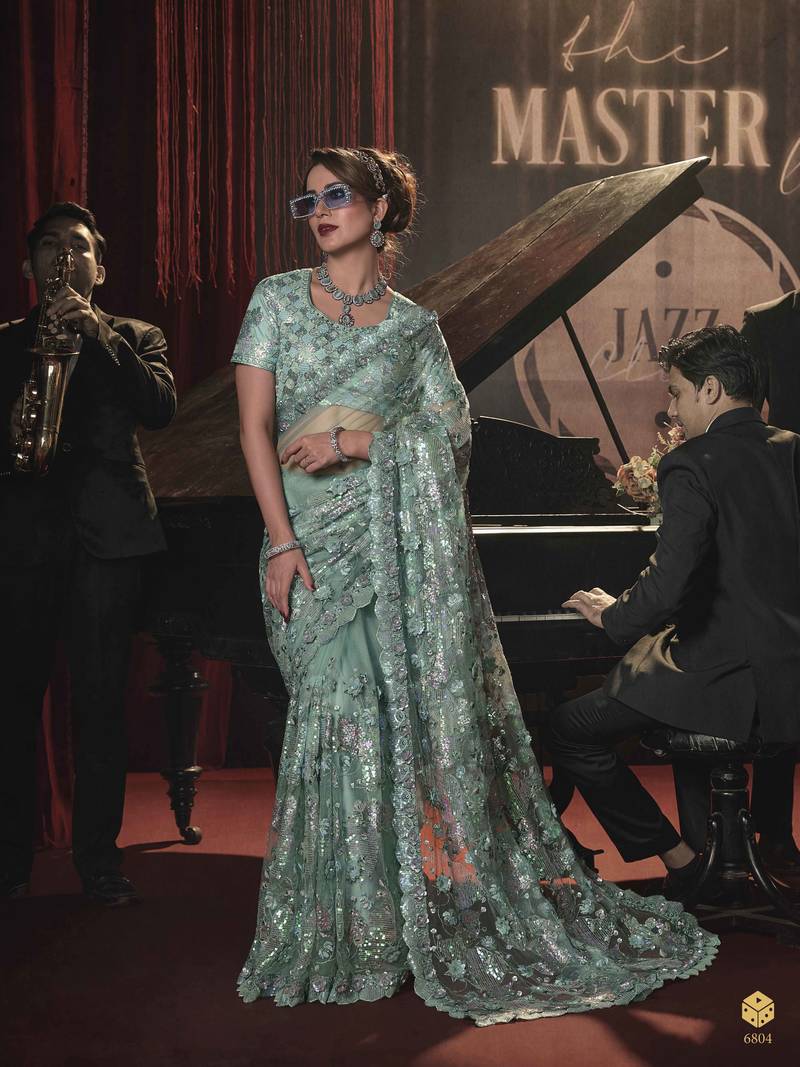 Beautiful Ses Green Digital Net With Sequence & Flower Aplic Heavy Work ...