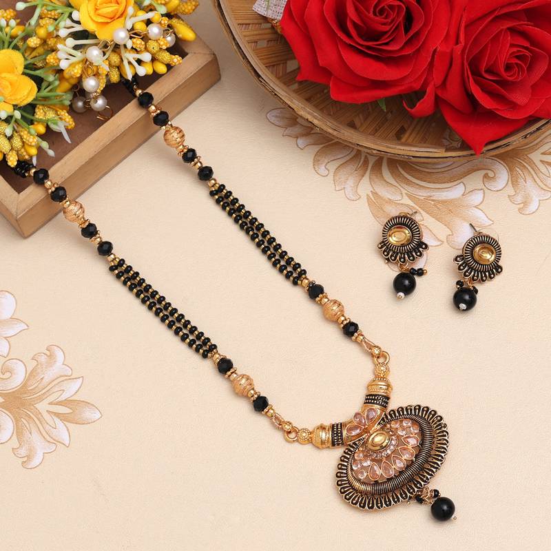 Gold color long mangalsutra with earrings Jaipur Mart 4252444