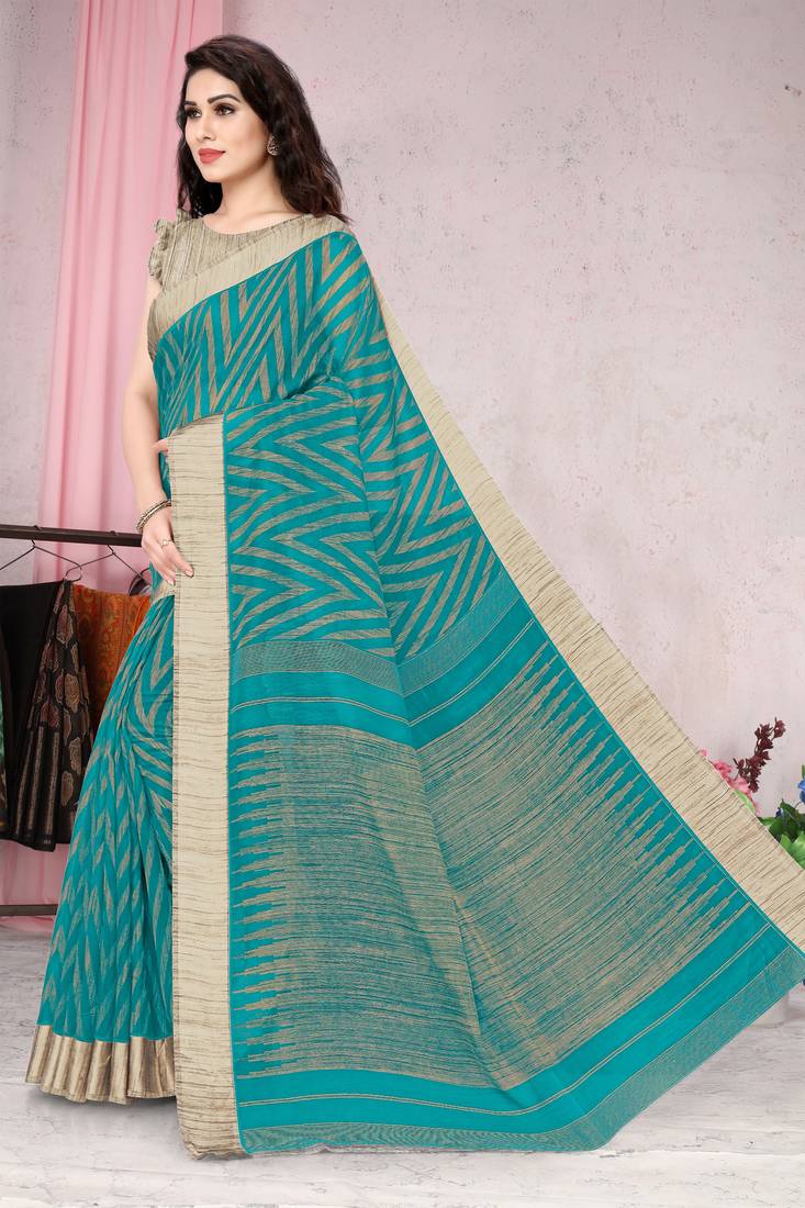 Turquoise cotton chevron/zig zag satin border saree with unstitched blouse piece - Sourbh Sarees ...