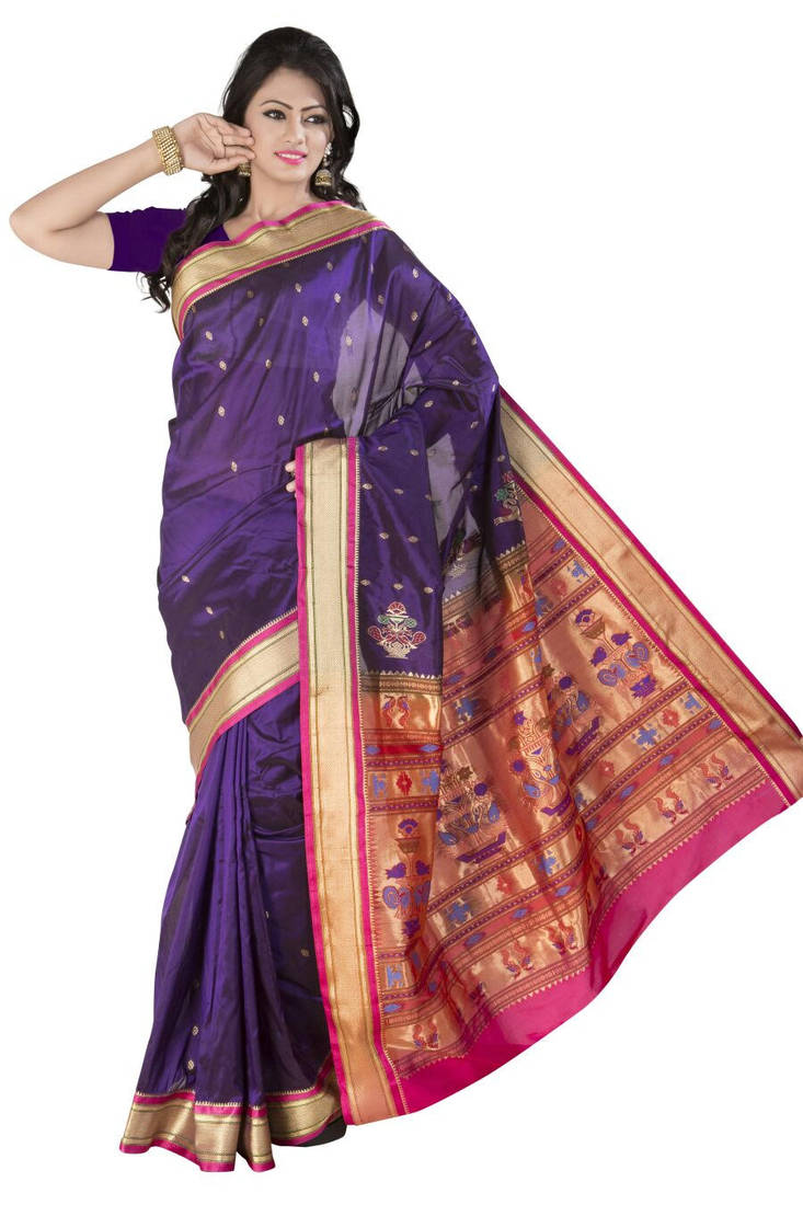 Violet hand_woven art_silk paithani Orissa saree with blouse ...