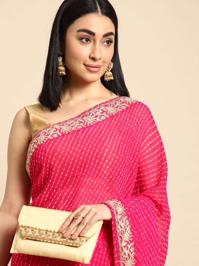 Pink bandhani saree with lace border and unstitched blouse piece ...