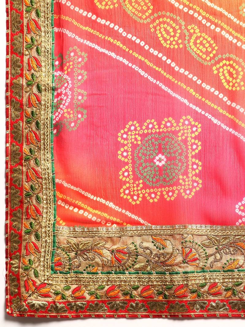 Pink bandhani saree with lace border and unstitched blouse piece ...