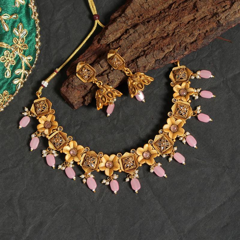 Pink color matte gold temple necklace set - Jaipur Mart - 4257022