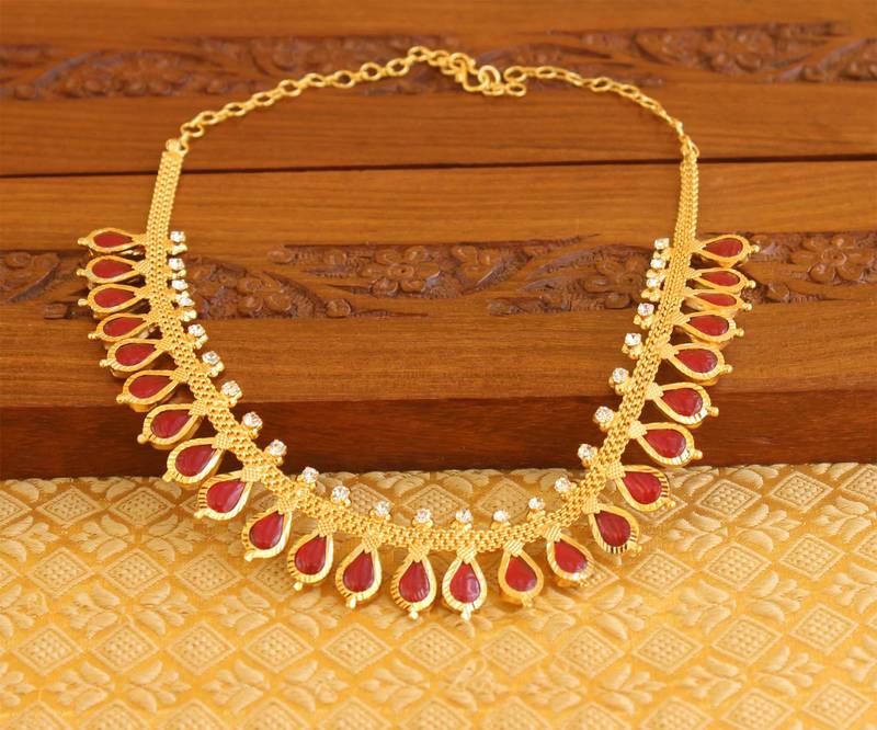 Kerala style gold plated palakka necklace set - URSHI COLLECTIONS - 4259997