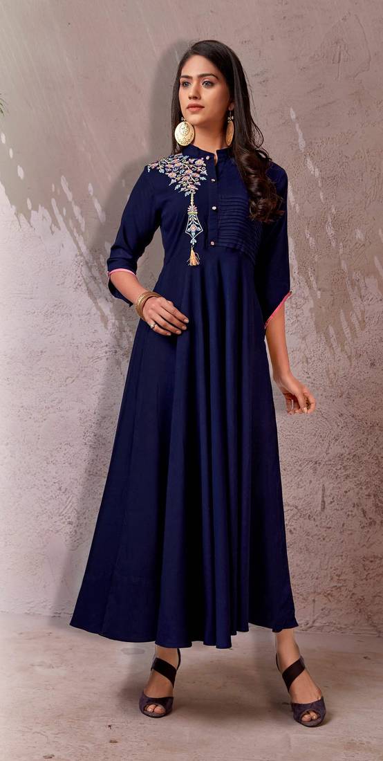Nevy Blue Thread Embroidery Rayon Stiched Readymade Gown - Panjari ...