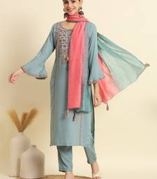 Grey Embroidered Multi-Thread Work Viscose Rayon Slub Fabric Stitched ...