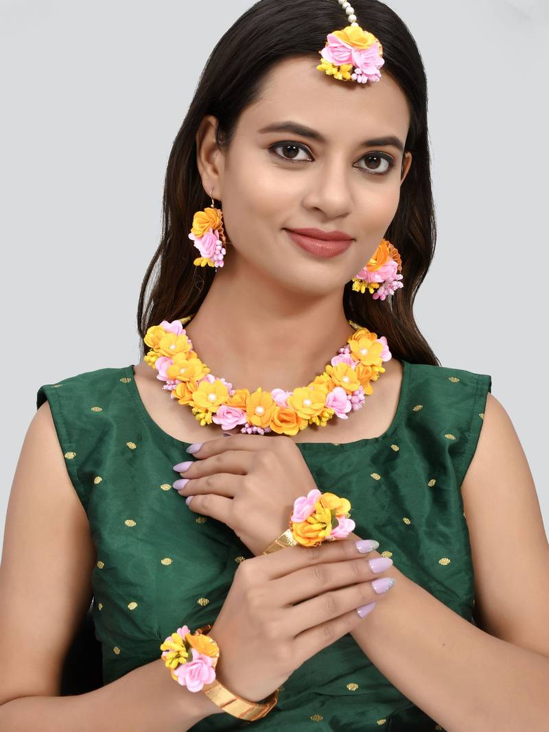 Pink and yellow haldi flower jewellery set - Silvermerc Designs - 4266165