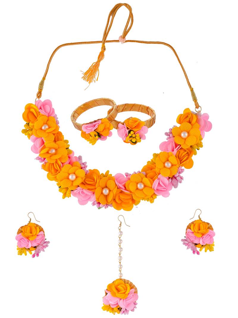 Pink and yellow haldi flower jewellery set - Silvermerc Designs - 4266165