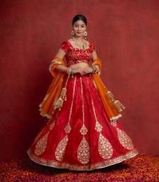 Deep Red and Orange Zari Motif Lehenga - 6Y COLLECTIVE - 4269052