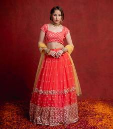 Coral Pink and Yellow Trellis Lehenga - 6Y COLLECTIVE - 4269078