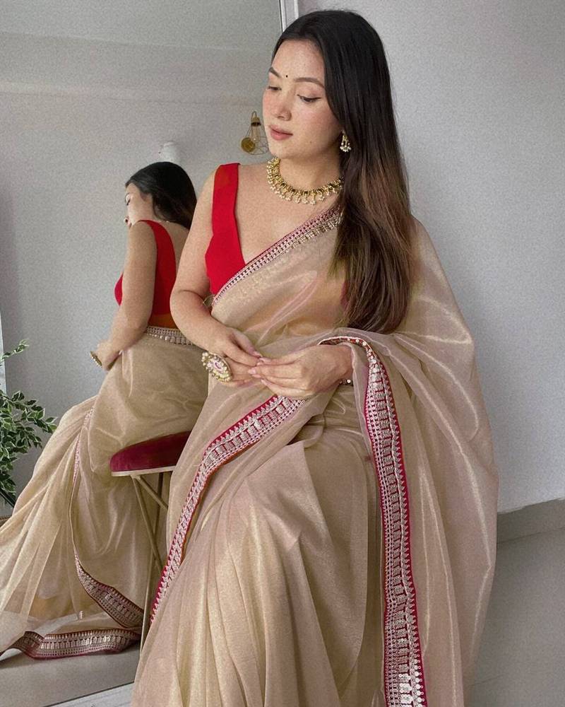 Camel Colour Beautiful Organza Silk Saree With lace Border - Teeya ...