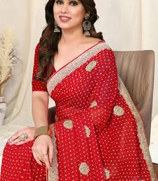 Red georgette badhni / bandhej print / ston work lace border saree with ...