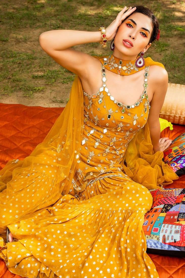 Glamorous mustard yellow color georgette base sharara suit semi ...