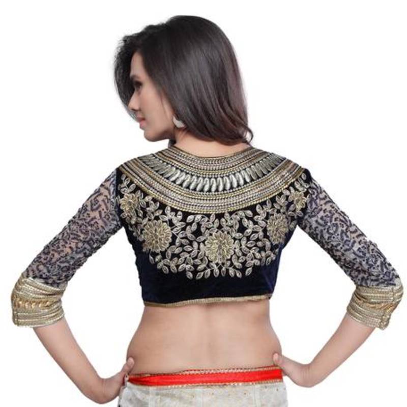 Blue and Golden Velvet readymade-blouse - Vimlon - 649215