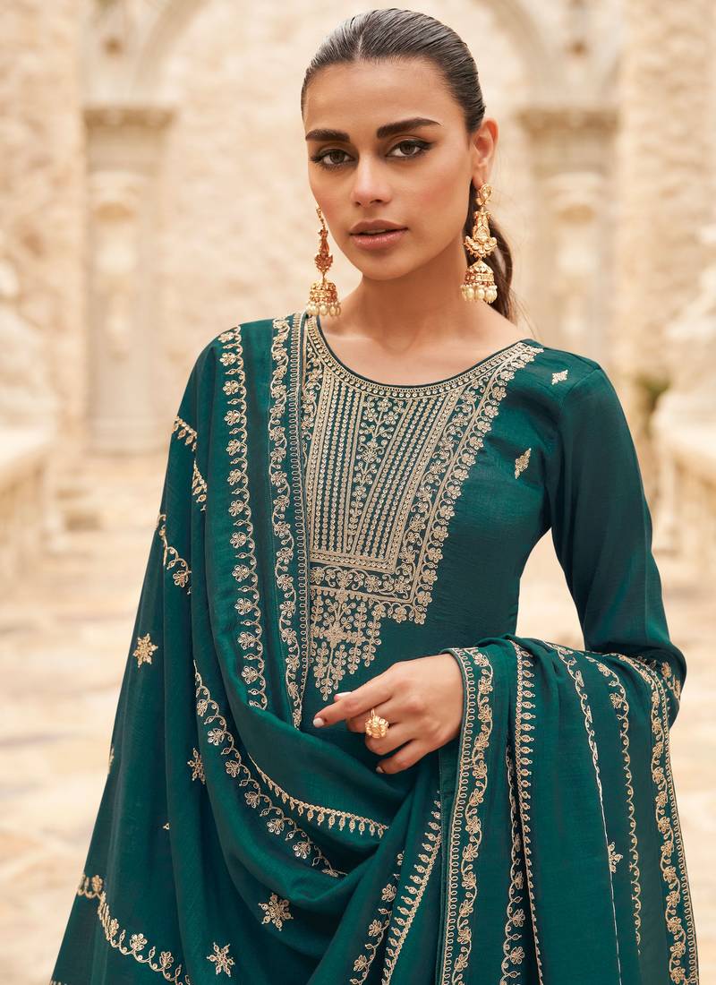 Silk Embroidered Green Semistitched Straight Suit Up To 42" Size ...