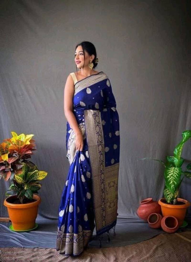 Embellished Nevy Blue Color Soft Banarasi Silk Saree with Unstiched ...