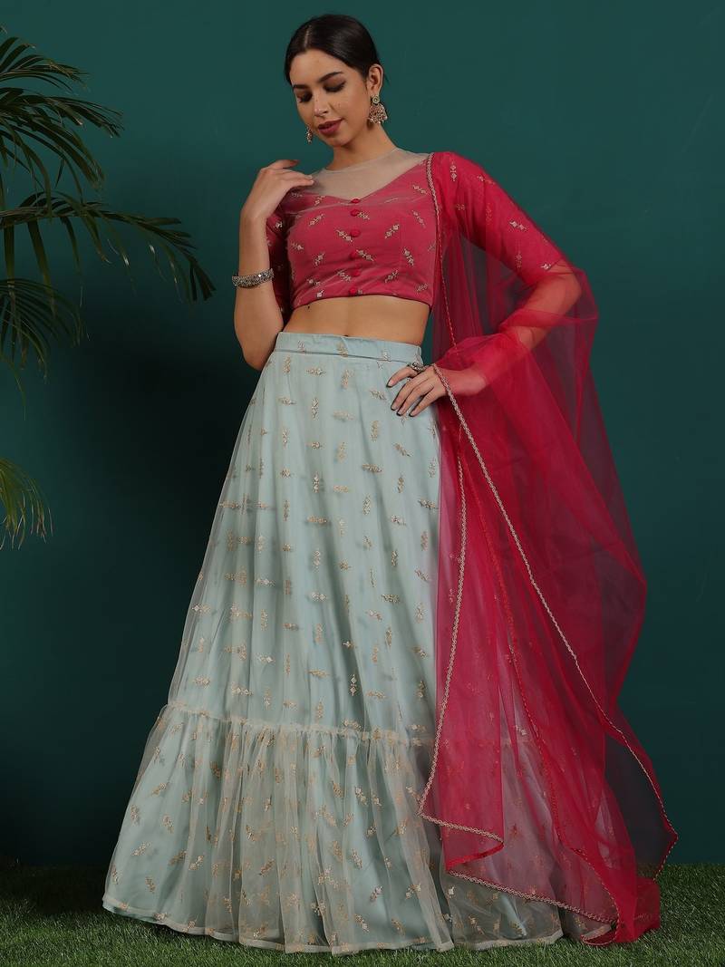 Ready To Wear Blue Net Embroidery Lehenga Set - Ethnovog - 4279688