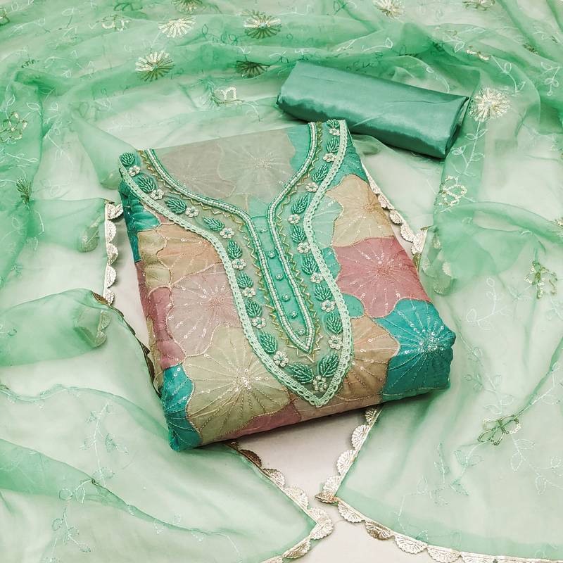 Kimisha women's sea green organza pojishan work material with inner ...