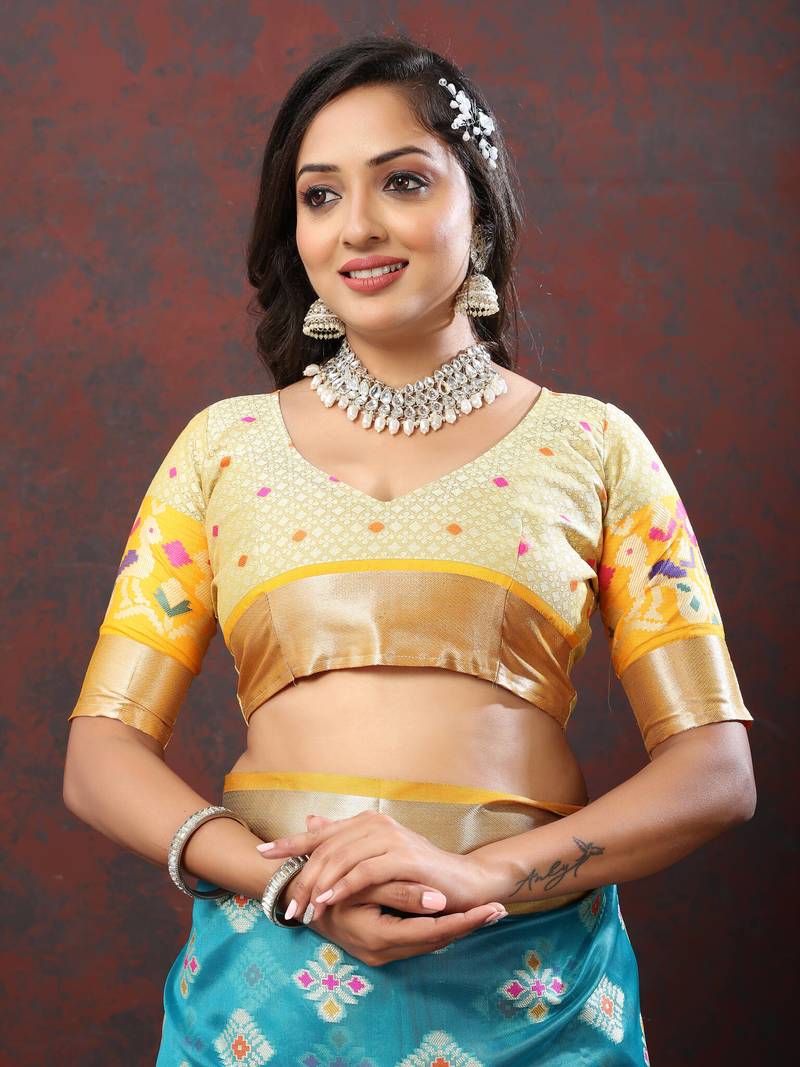 Women's latest design rama color organza silk saree with blouse piece ...