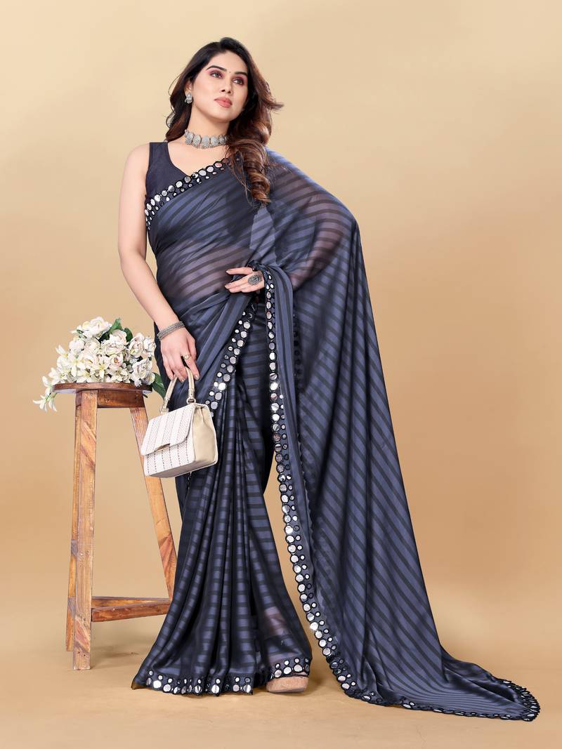 Navy blue stripes pattern poly silk mirror work saree - Glamrack - 4281003