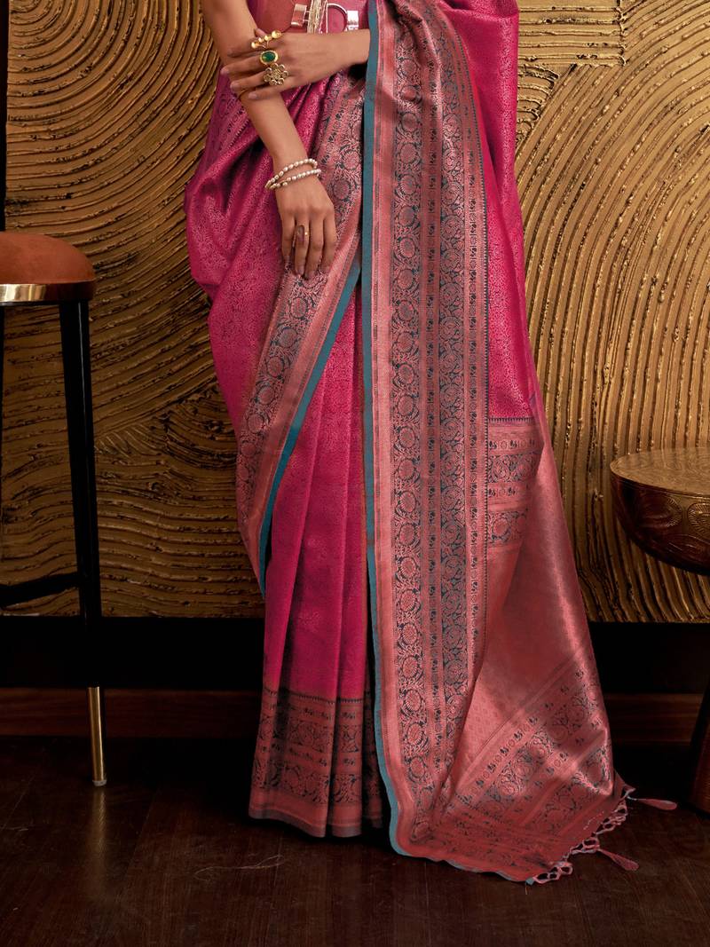 Elora soft silk floral woven motif chhap handloom saree (pink) - Elora ...