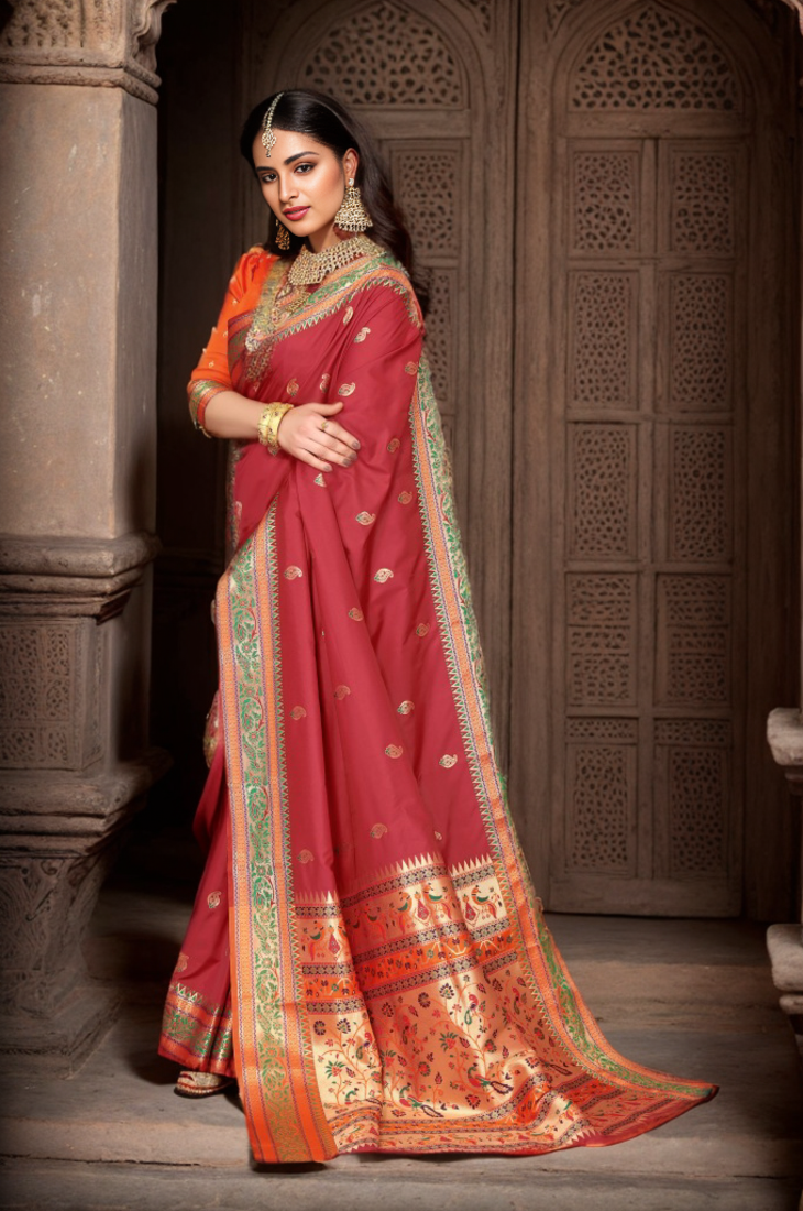 Maroon Zari Woven Silk Blend Paithani Saree With Blouse Piece - AA- HA ...