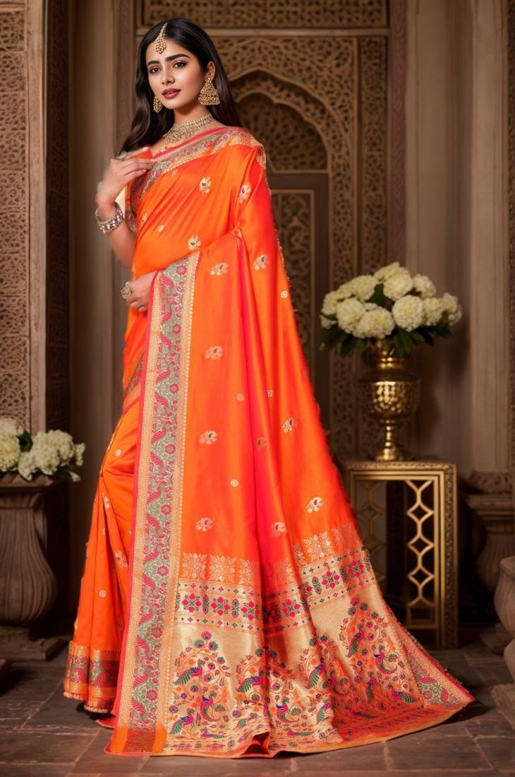 Orange Zari Woven Silk Blend Paithani Saree With Blouse Piece - AA- HA ...