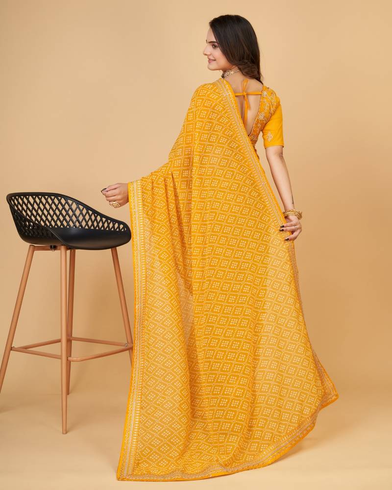 Bandhani Print Yellow Colour Georgette Saree With Heavy WITH UN ...