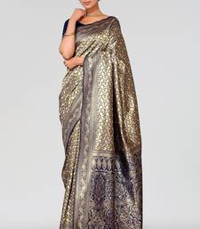 Navy Blue Zari Woven Silk Blend Banarsi Saree With Blouse Piece - AA ...
